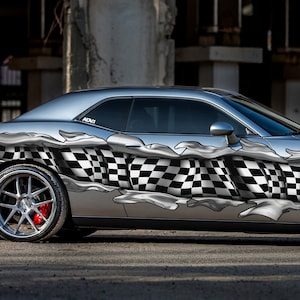 3D Checkered Flag Car Wrap, Racing Flag Car Decal, Ripped Metal ...