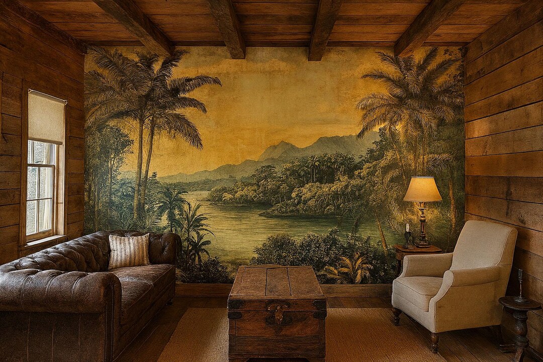 Vintage Tropical Landscape 3D Wallpaper Mural | Rustic Palm Tree Wall ...