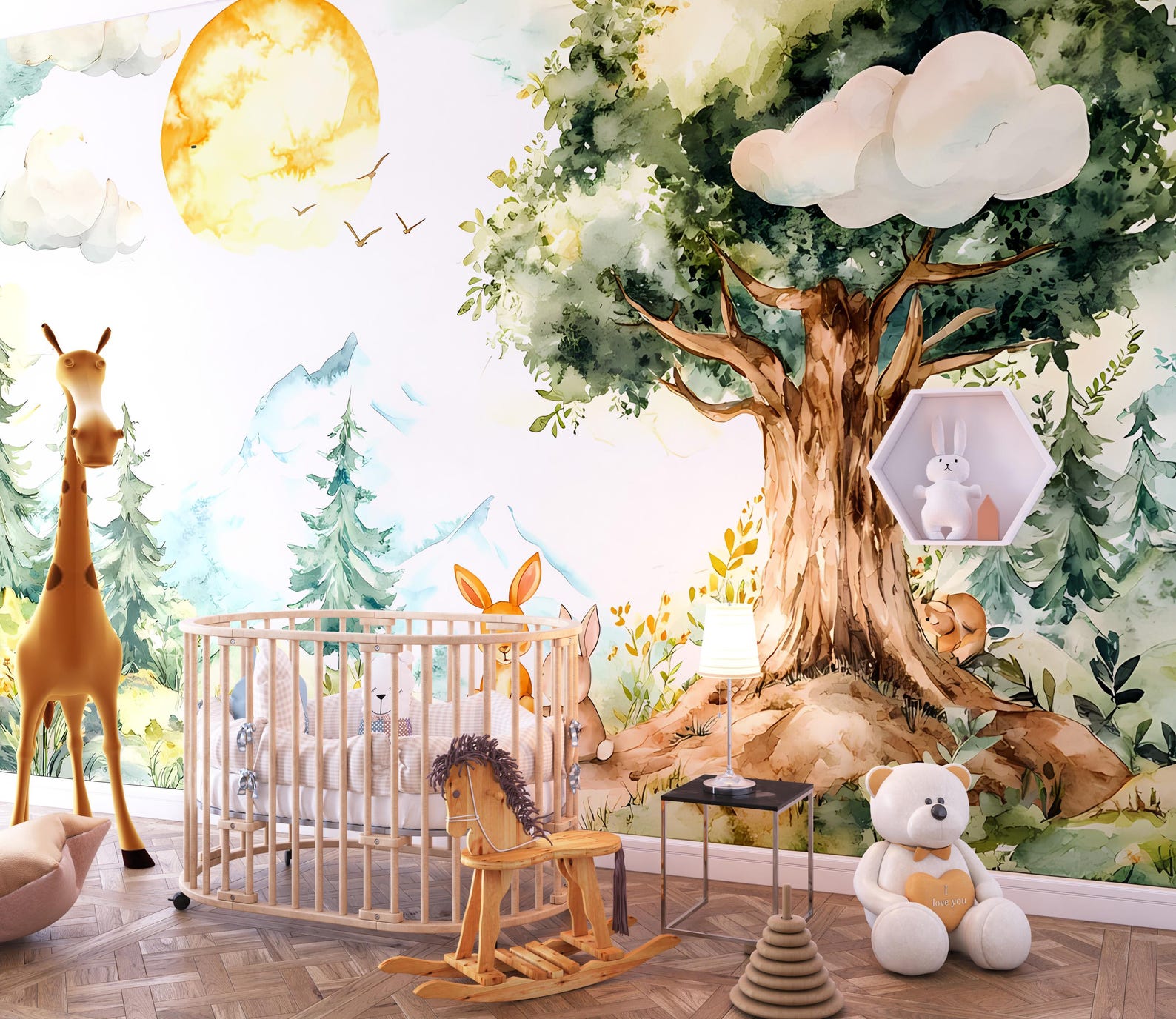 Watercolor Wallpaper, Cute Forest Scene With Trees and Rabbits Under ...