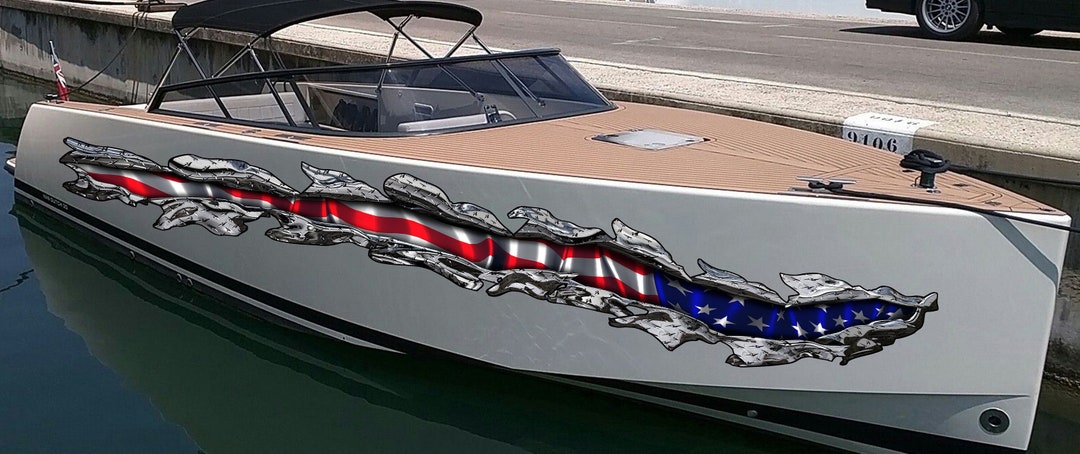 USA Flag Boat Wrap, American Pride Boat Vinyl, US Flag Ripped Metal ...