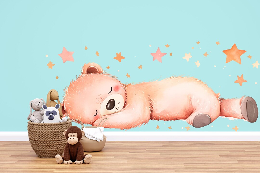 Sleeping Bear Wall Decal • Cute Nursery Bear Sticker • Pastel Kids Room ...