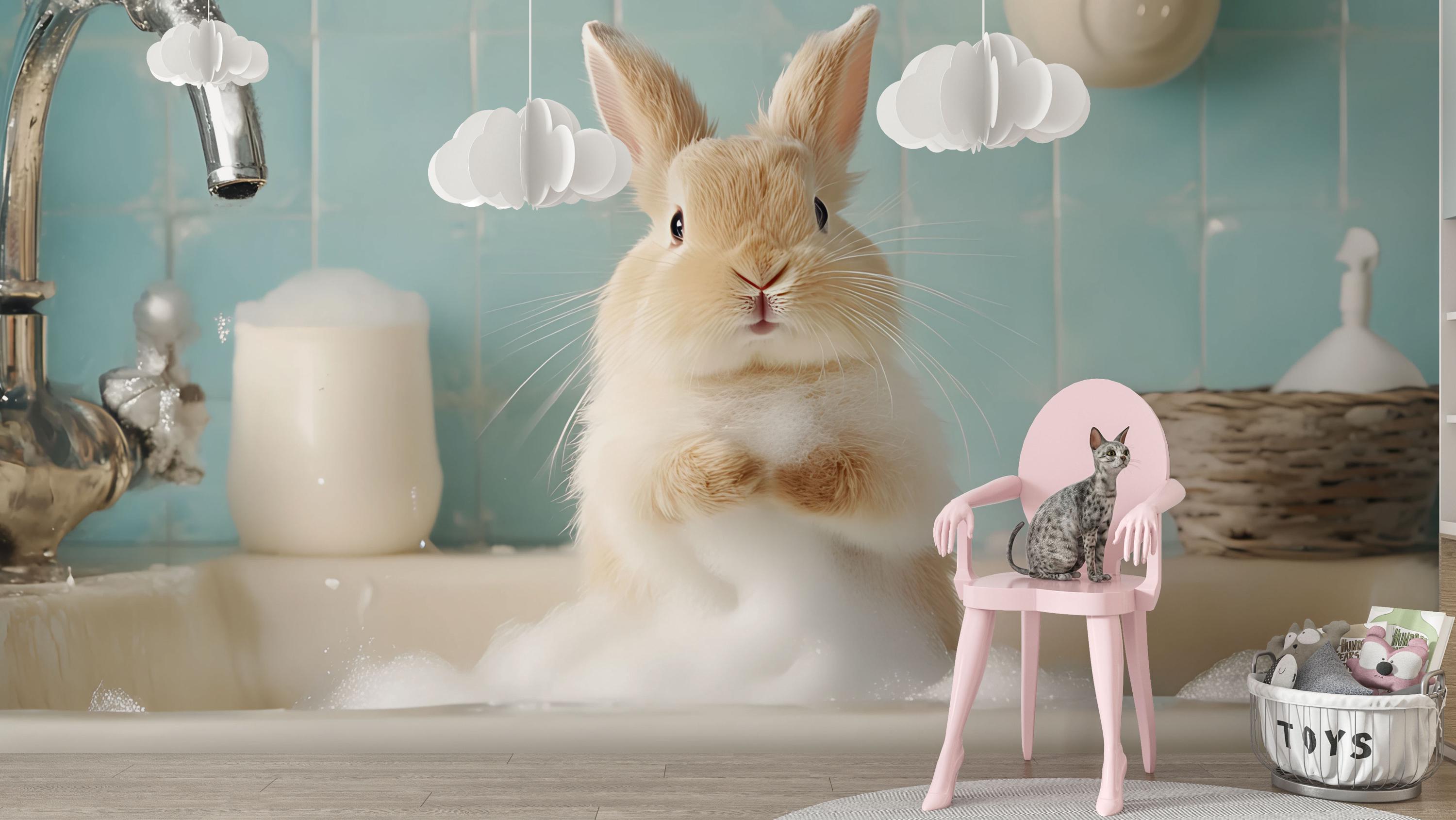 Cute Bunny Grooming Spa Wallpaper With Fluffy Rabbit in Bathtub ...