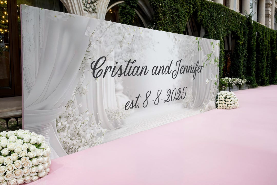 Custom Wedding Backdrop With Names & Date | White Floral Elegant Photo ...