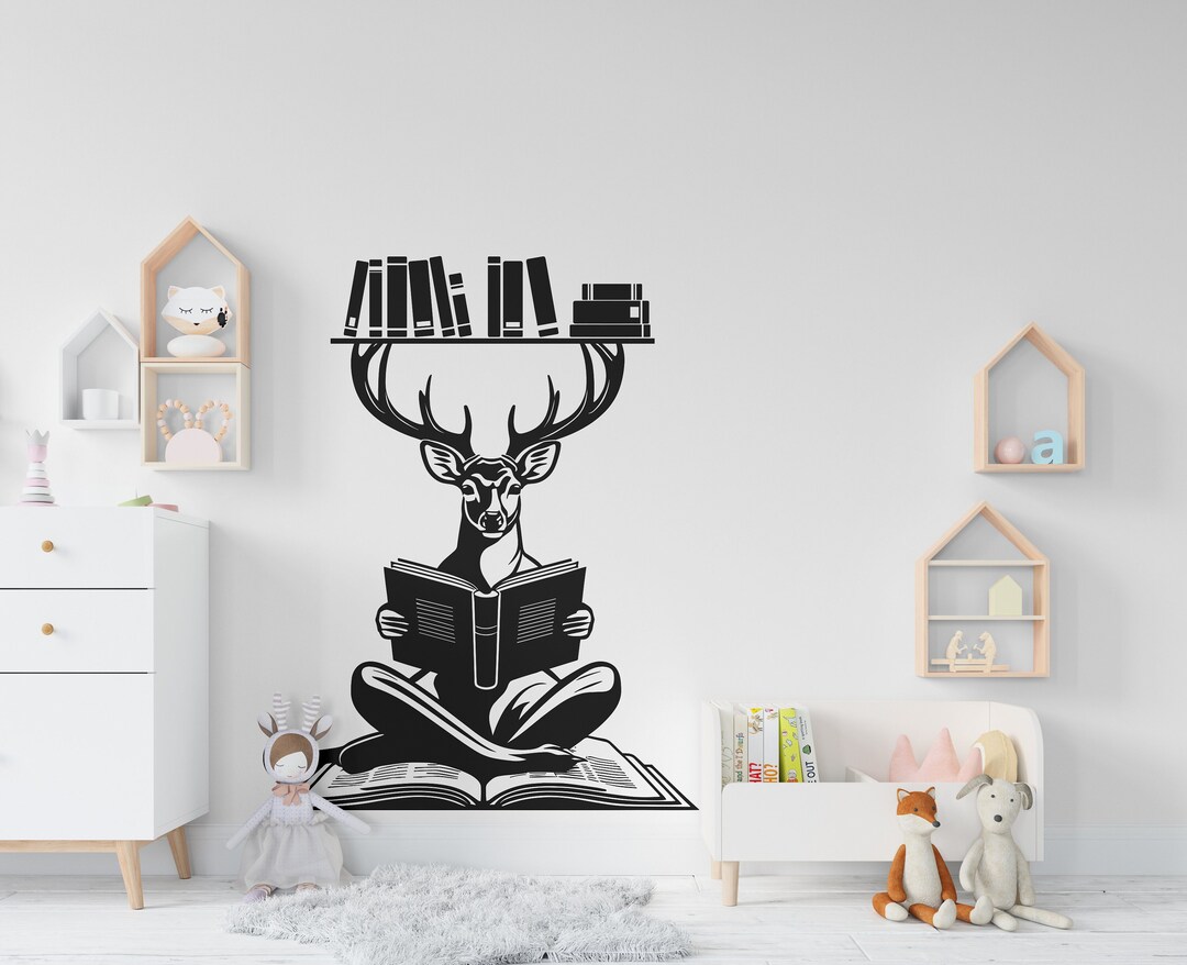 A Cute Deer Reading a Book Wall Decal Reading Books Magic Wall Decal ...