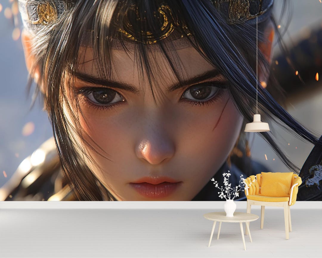Anime Girl Wall Mural – Warrior Close-up Portrait Wallpaper, Fantasy ...