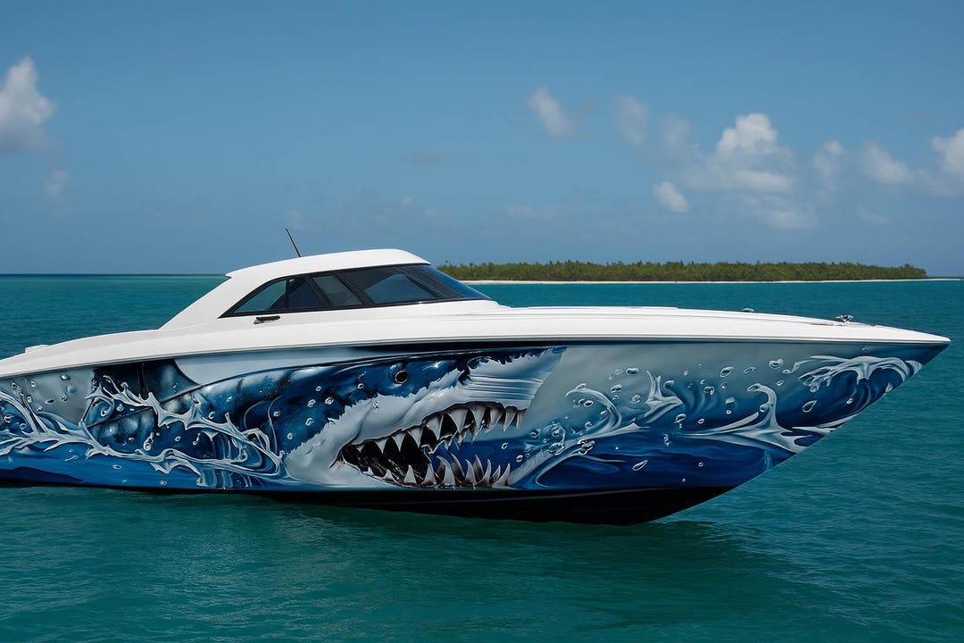 Shark Boat Wrap – Fierce Ocean Predator Design, Realistic Marine Vinyl ...