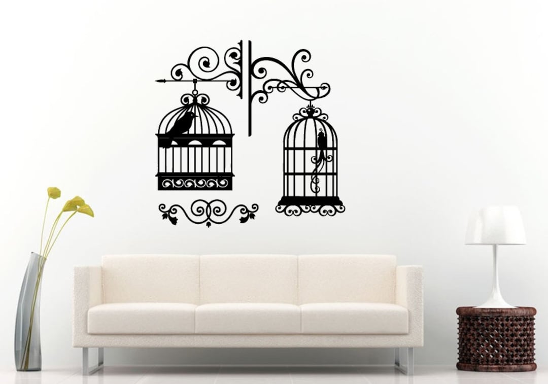 Two Bird Cages Hanging With Birds Inside Wall Decal Vinyl Sticker Mural ...
