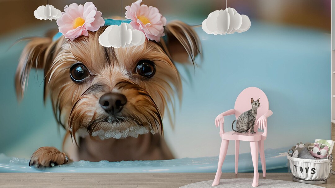 Yorkie Dog Grooming Spa Wallpaper With Cute Floral Bath Scene | Pet ...