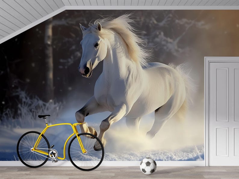 3D White Horse Winter Wallpaper Mural | Elegant Running Stallion Wall ...