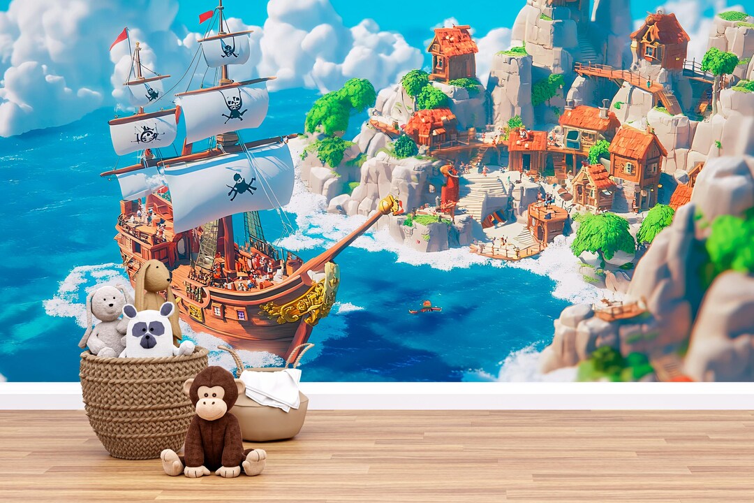 Pirate Ship Wall Mural With Village – White Sail Adventure Wallpaper ...