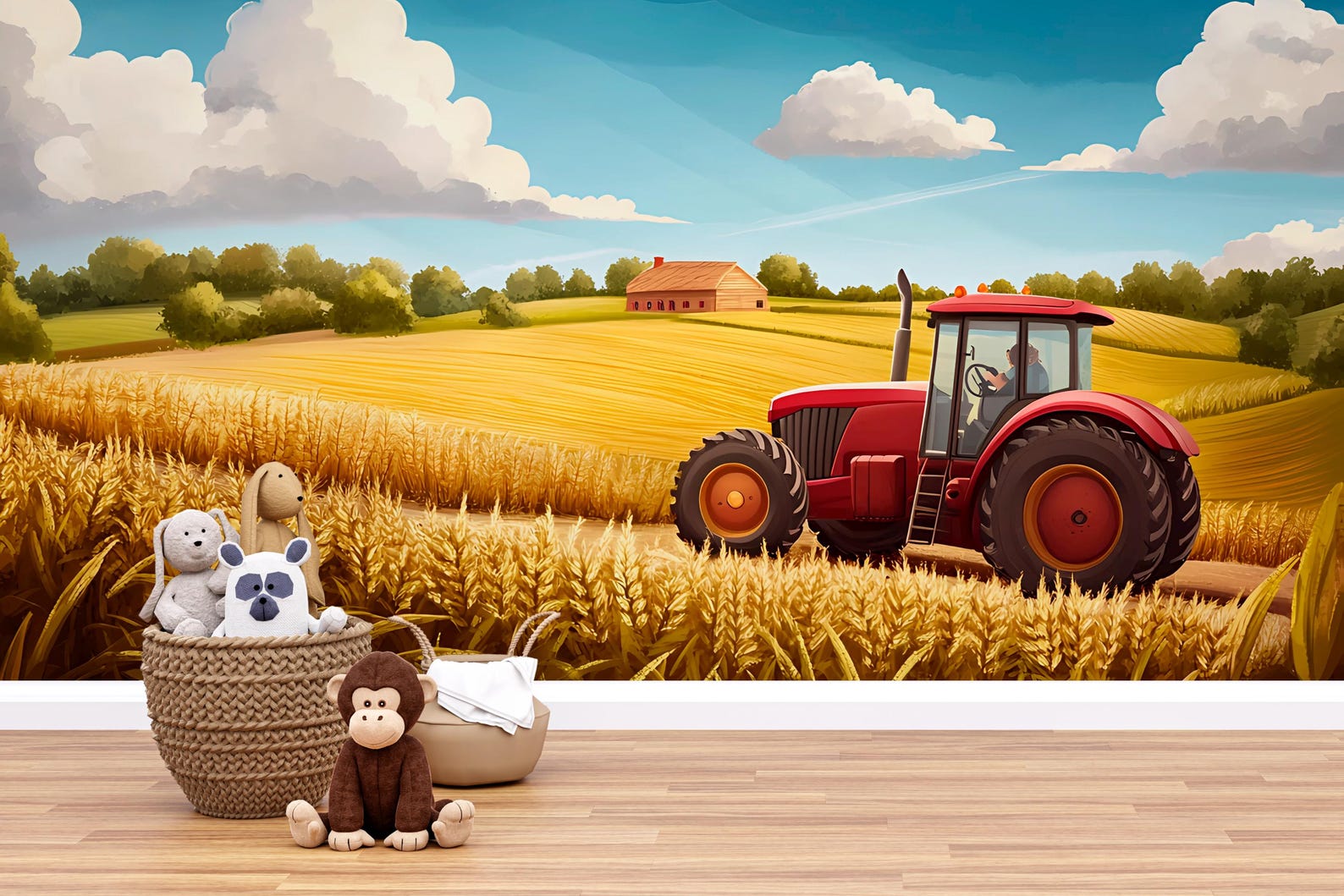 Red Tractor Wheat Field Wall Mural – Farm Landscape Wallpaper for Kids ...