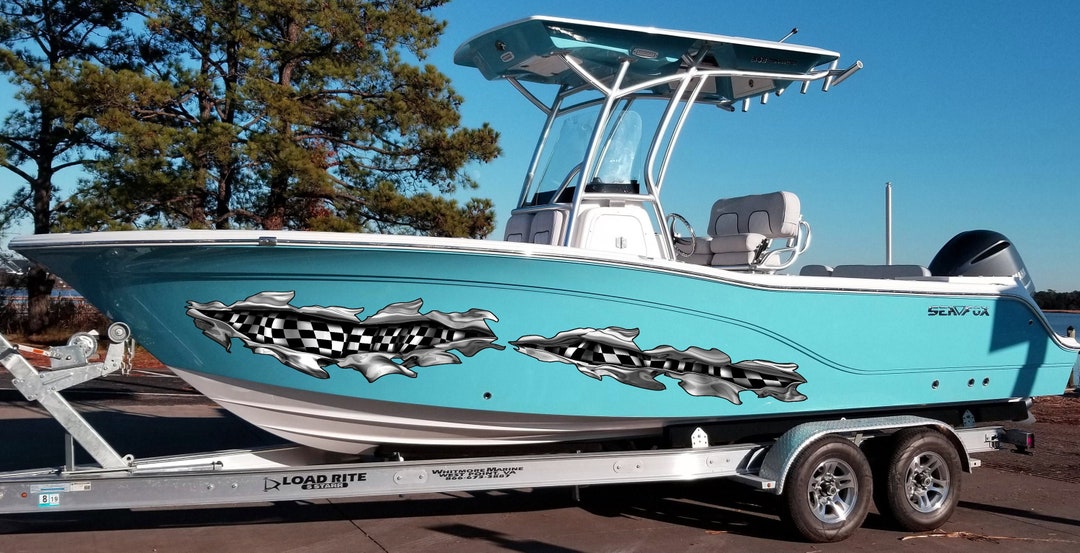 Checkered Flag Ripped Metal Boat Graphics, Racing Flag Boat Decal ...