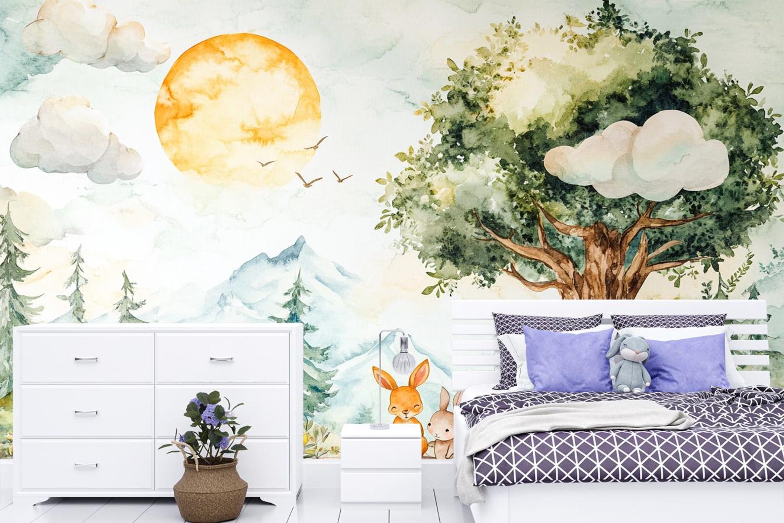 Watercolor Wallpaper, Cute Forest Scene With Trees and Rabbits Under ...