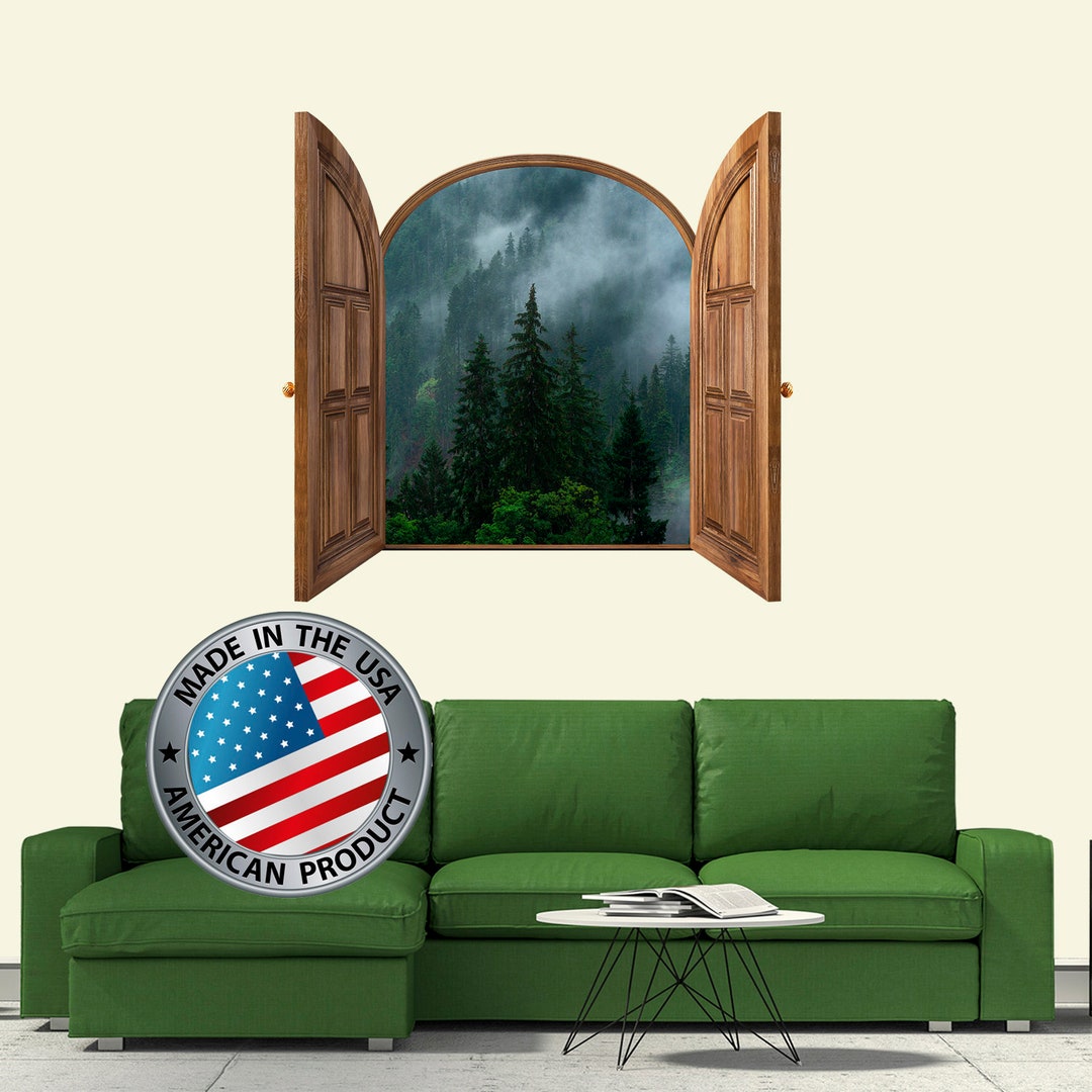 Pine Tree Forest Wall Decal. 3D Window Frame Wall Decal. Mountain View ...