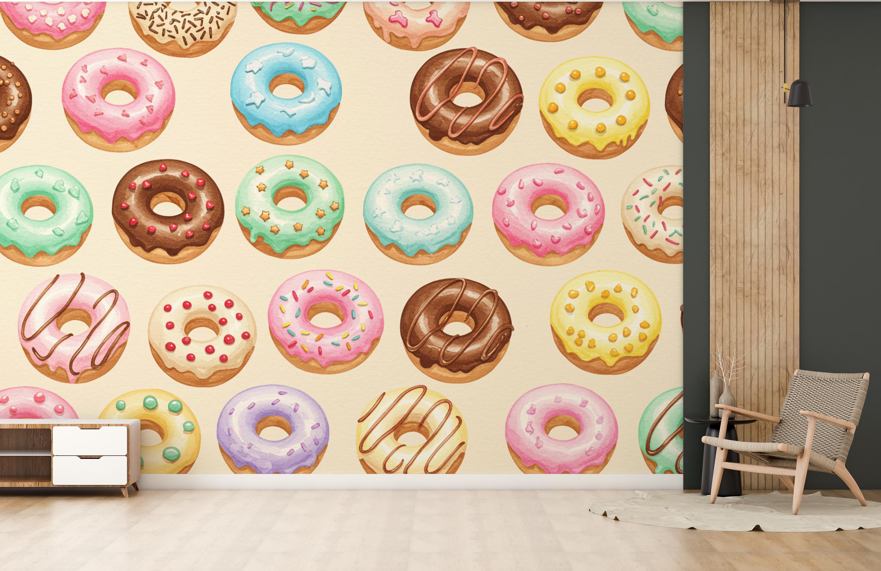 Whimsical Donut Watercolor Wallpaper Mural – Seamless Pastel Dessert ...