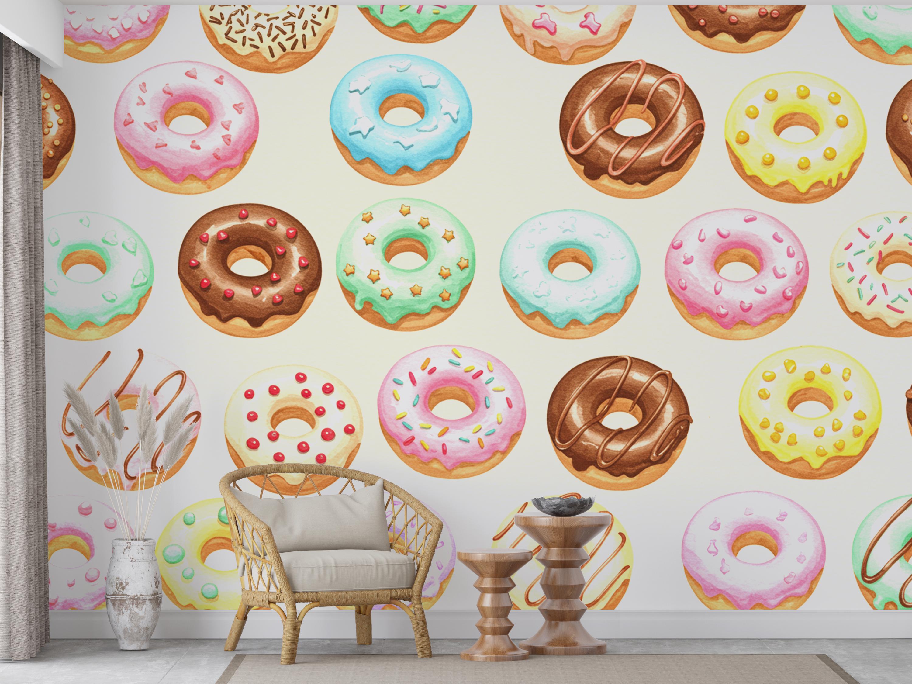 Whimsical Donut Watercolor Wallpaper Mural – Seamless Pastel Dessert ...