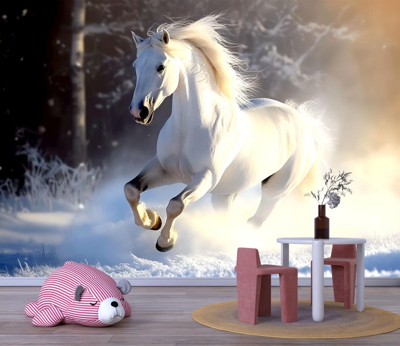 3D White Horse Winter Wallpaper Mural | Elegant Running Stallion Wall ...