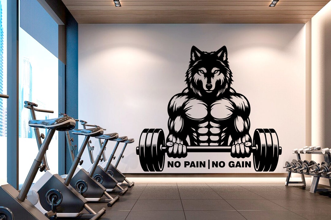 Wolf No Pain No Gain Gym Wall Decal Fitness Funny Decor Workout Power ...