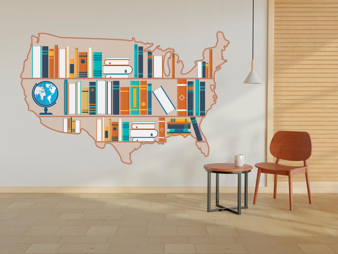 Library USA Map Wall Decals, Books Wall Decor, Bookshelf Library Wall ...