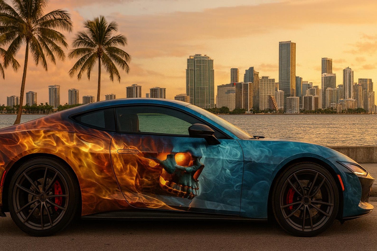 Fire and Ice Skull Car Wrap | Dual Flame & Frost Vinyl Design | Blue ...