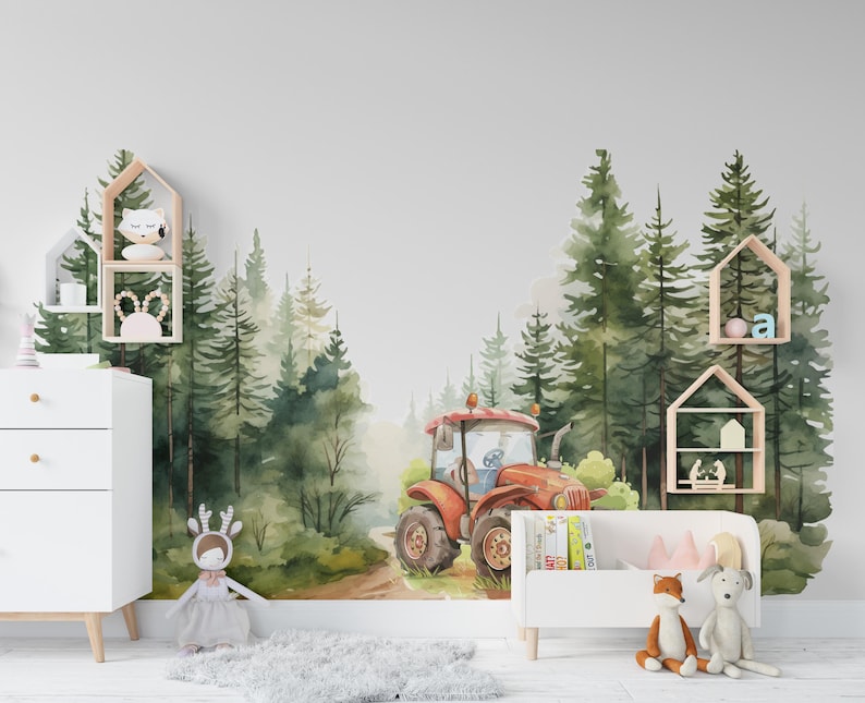 Tractor Village Wall Decal Conifer Forest Wall Decor Tractor Farm Wall ...