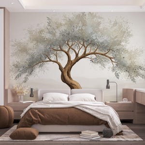 Watercolor Olive Tree Mural Wallpaper – Elegant Hand-painted Botanical ...