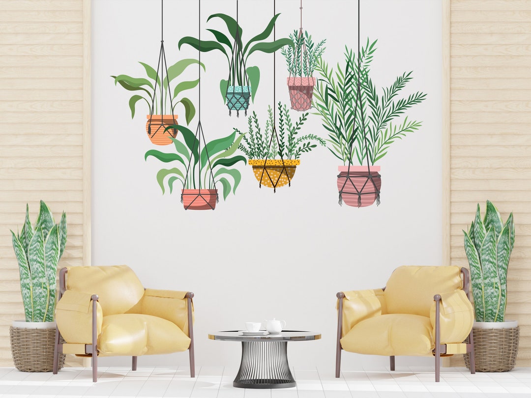 Hanging Plants in Pots Wall Vinyl Sticker Decal, Plants Wall Decoration ...
