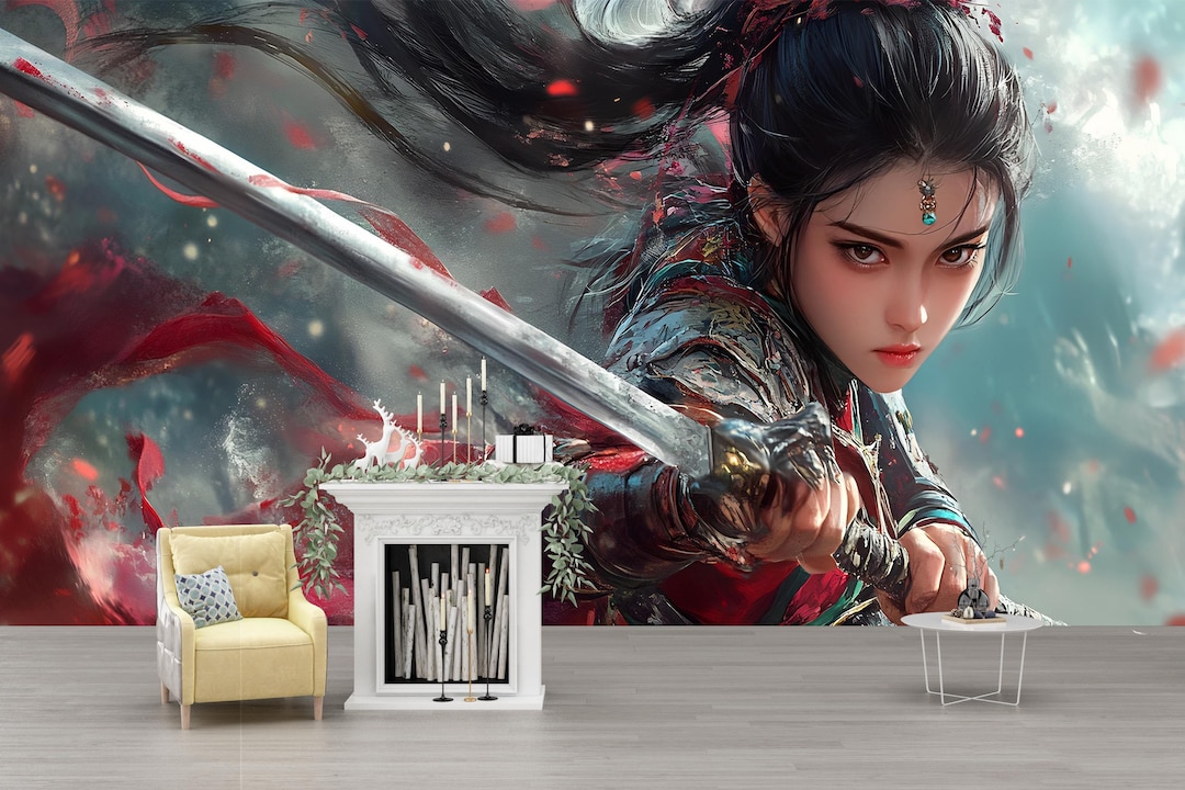 Warrior Woman Wall Mural – Epic Sword Fighter Fantasy Wallpaper, Anime ...