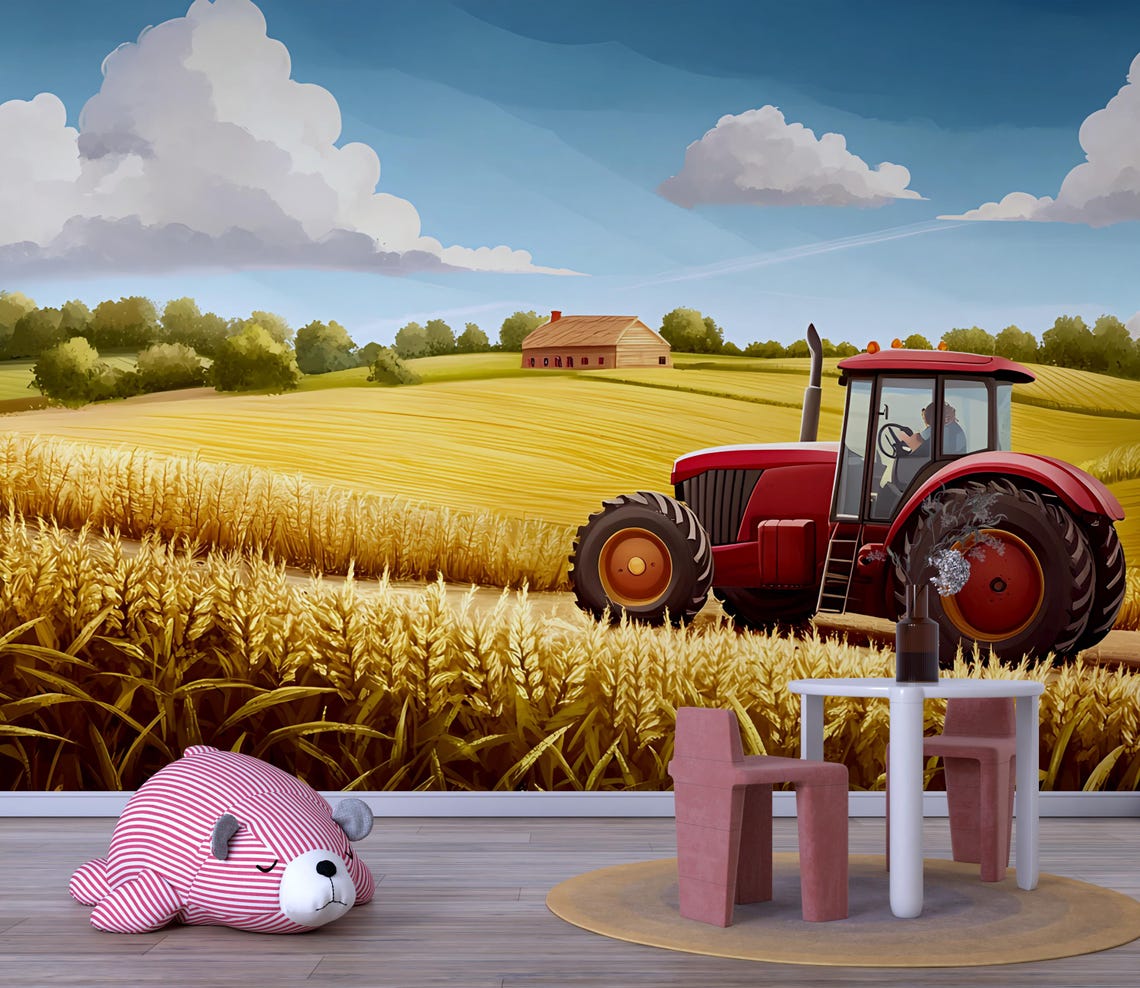 Red Tractor Wheat Field Wall Mural – Farm Landscape Wallpaper for Kids ...