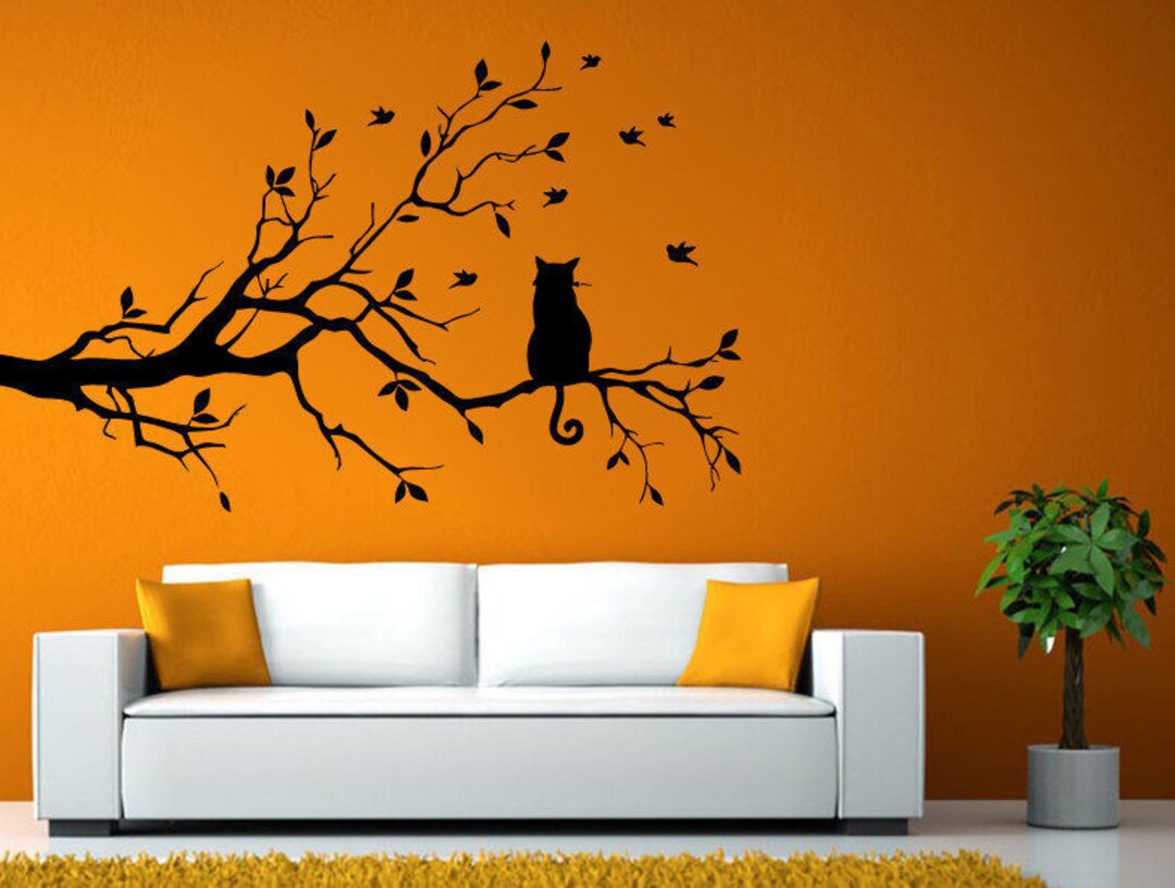 Cat on Tree Branch Birds Pattern Kitten Sitting Wall Window Vehicle ...