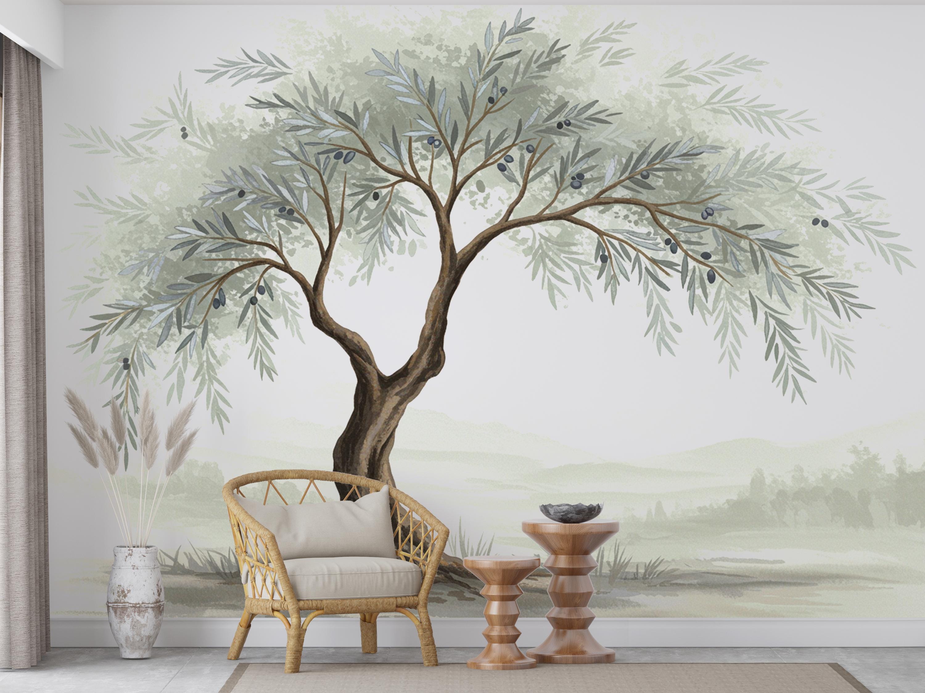 Watercolor Olive Tree Mural Wallpaper – Elegant Hand-painted Botanical ...