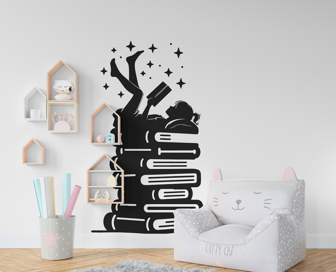 Girl Reading Book Library Vinyl Wall Art Decals, Library Wall Decal ...