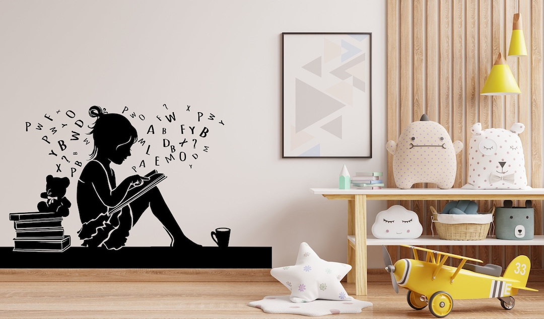 Girl Reading Book Library Vinyl Wall Art Decals, Library Wall Decal ...
