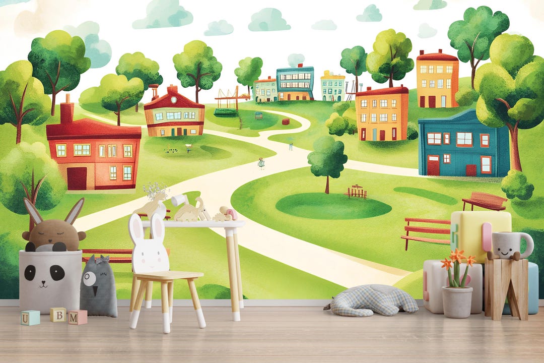 Whimsical Village Wall Mural for Kids – Peel and Stick Wallpaper for ...
