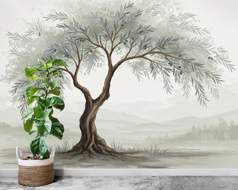 Watercolor Olive Tree Mural Wallpaper – Elegant Hand-painted Botanical ...