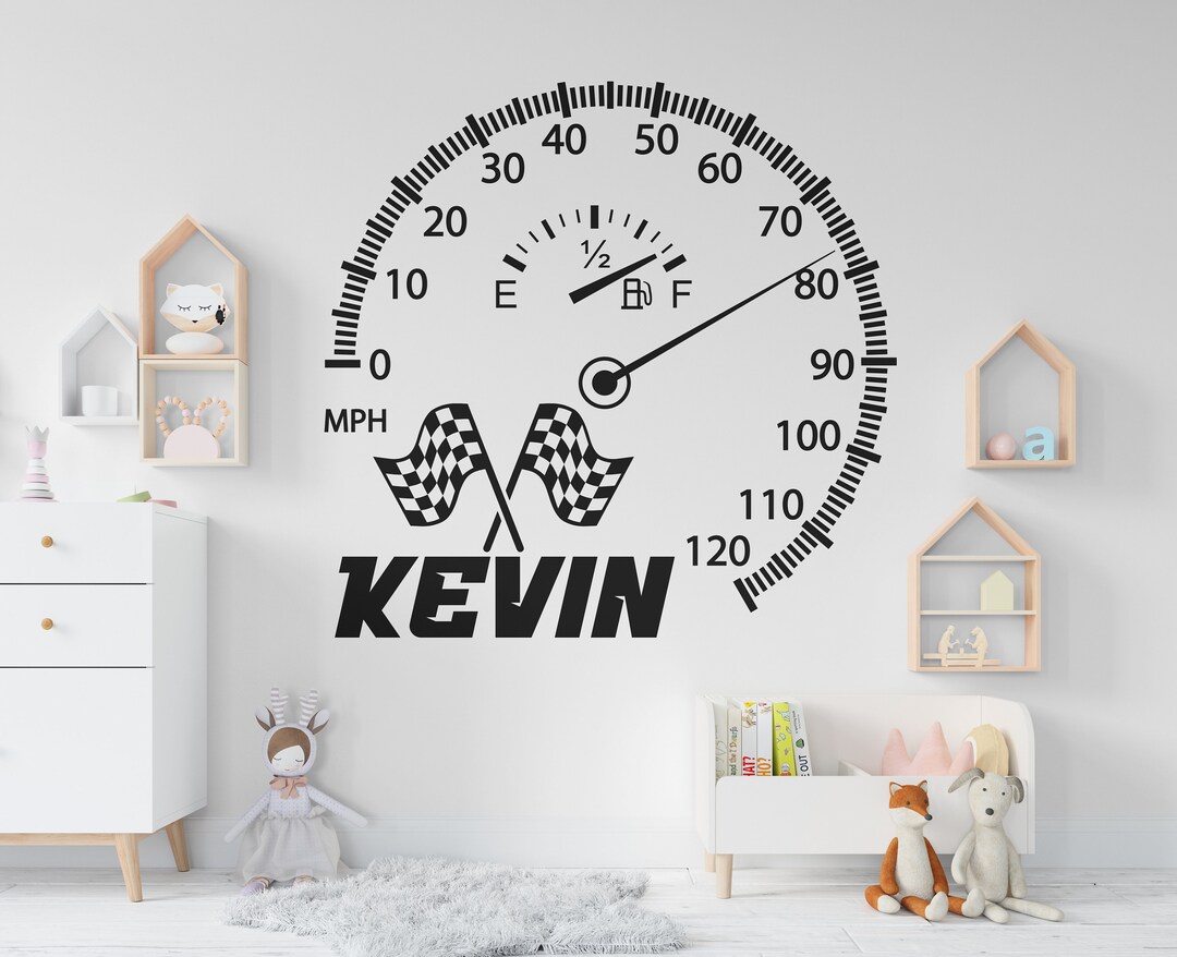 Custom Name Speedometer Wall Decal Racing Car Checkered Flags Wheel F1 ...