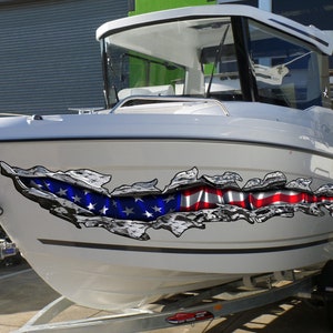 USA Flag Boat Wrap, American Pride Boat Vinyl, US Flag Ripped Metal ...
