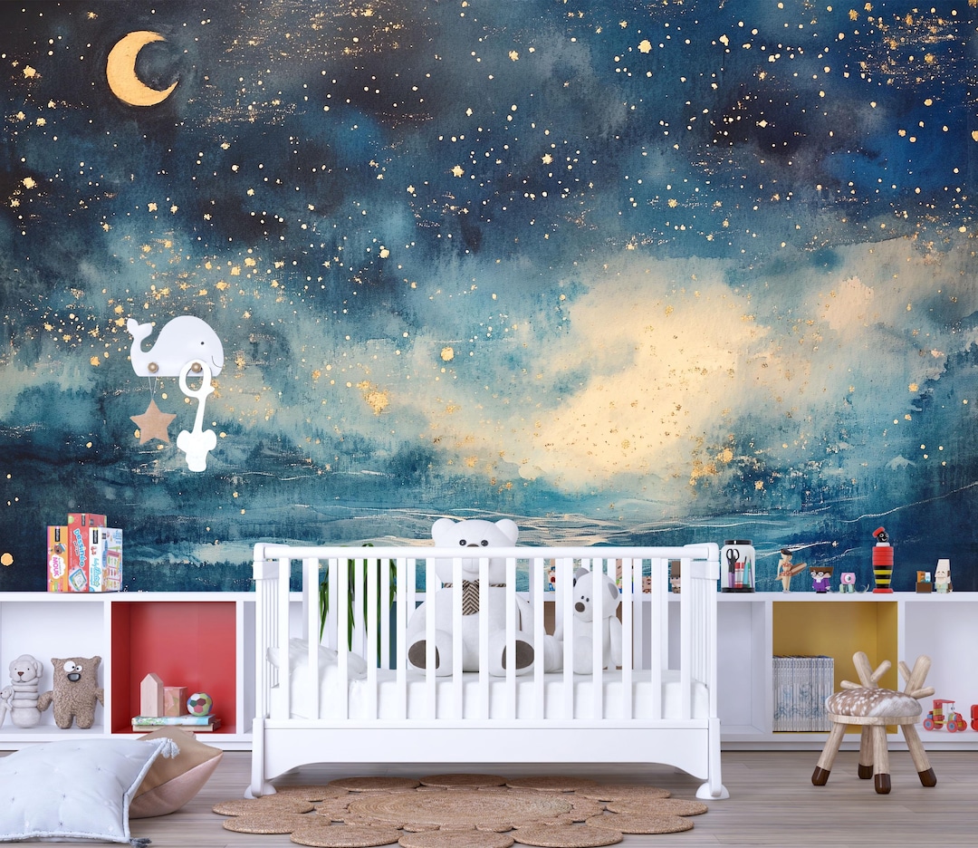 Starry Night Sky Wallpaper for Nursery – Moon and Stars Wall Mural ...