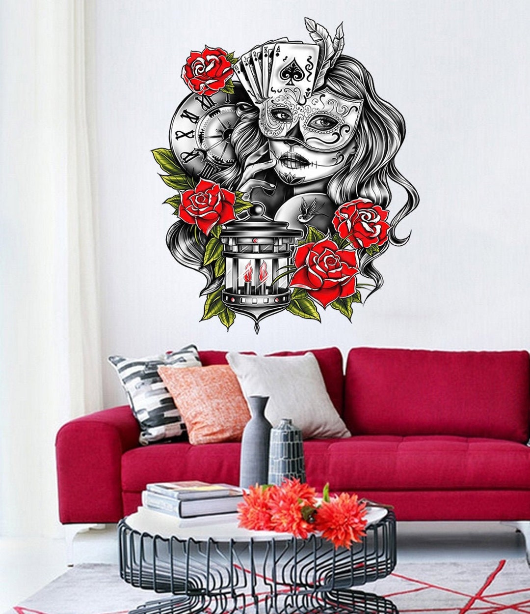 Day of the Dead Decal, Rose Flowers Sticker, the Girl in the Mask Home ...