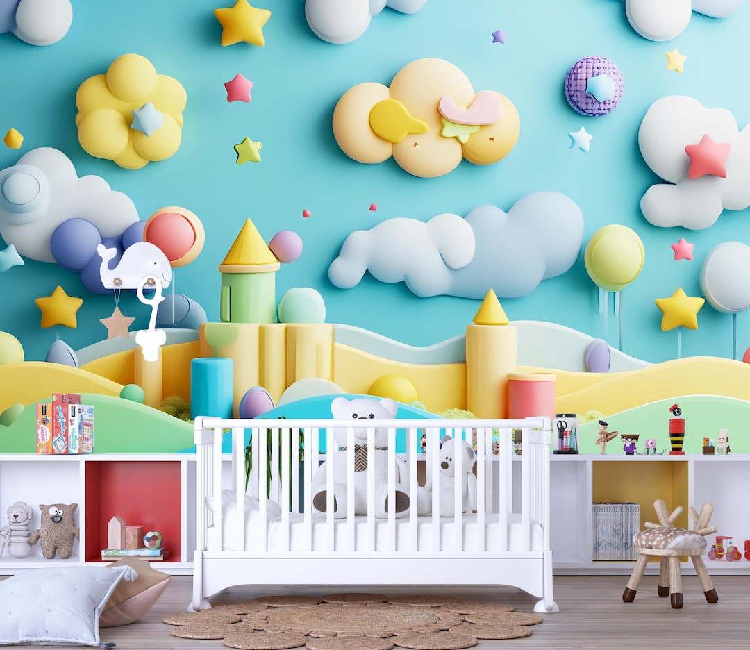 Fantasy Castle Wall Mural – 3D Pastel Kids Wallpaper – Magical Nursery ...