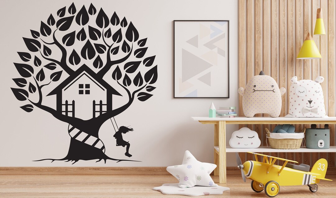 Tree House Wall Art Decal, House on Tree Girl Playing Wall Decor, Kids ...