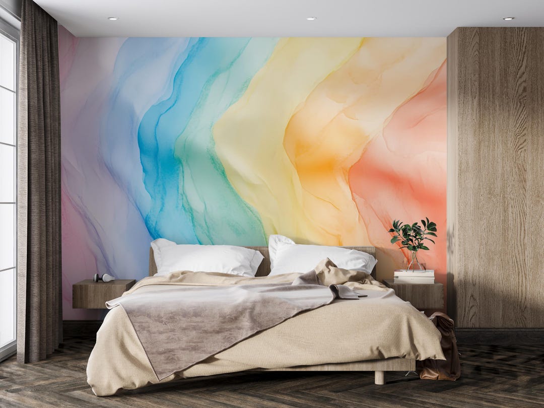 Pastel Rainbow Wall Mural – Abstract Watercolor Peel and Stick ...