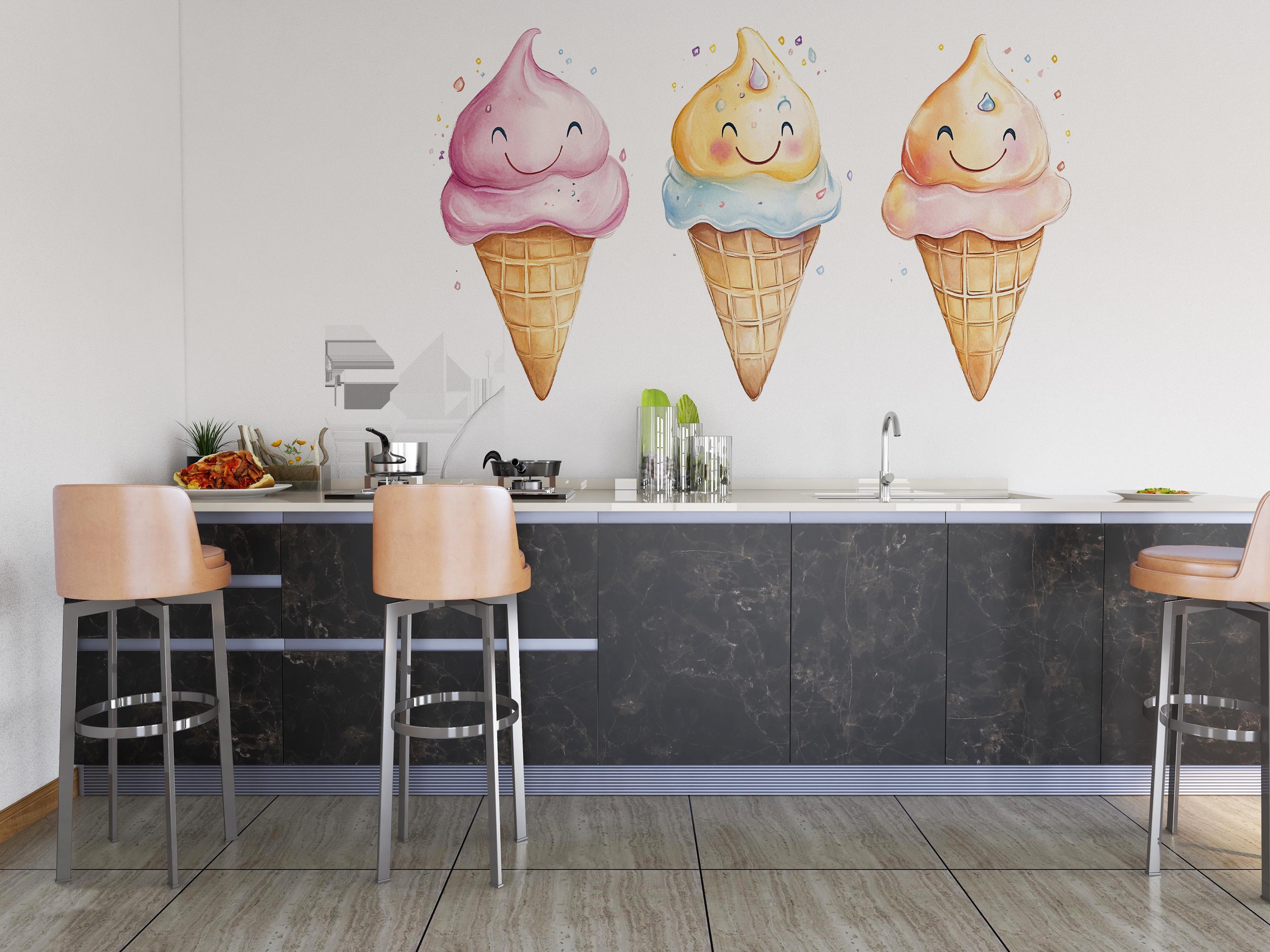 Cute Ice Cream Wall Decal, Smiling Ice Cream Cone Wall Art, Ice Cream ...