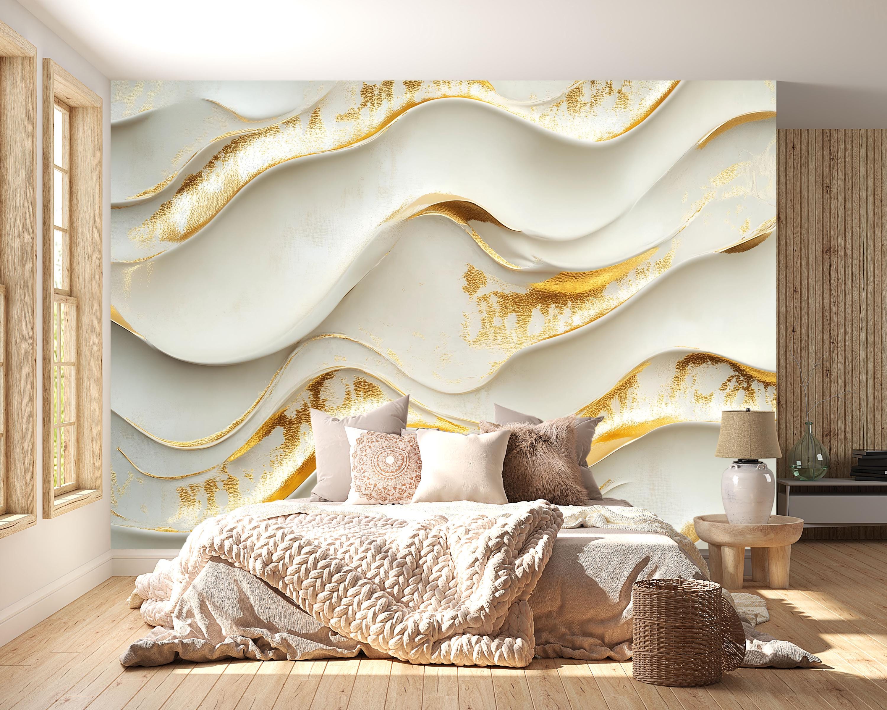 3D Wave Wallpaper With Gold Texture for Bedroom or Living Room, Elegant ...
