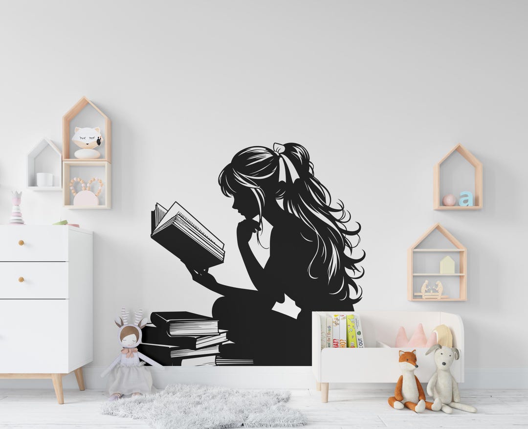 Girl Reading Book Library Vinyl Wall Art Decals, Library Wall Decal ...