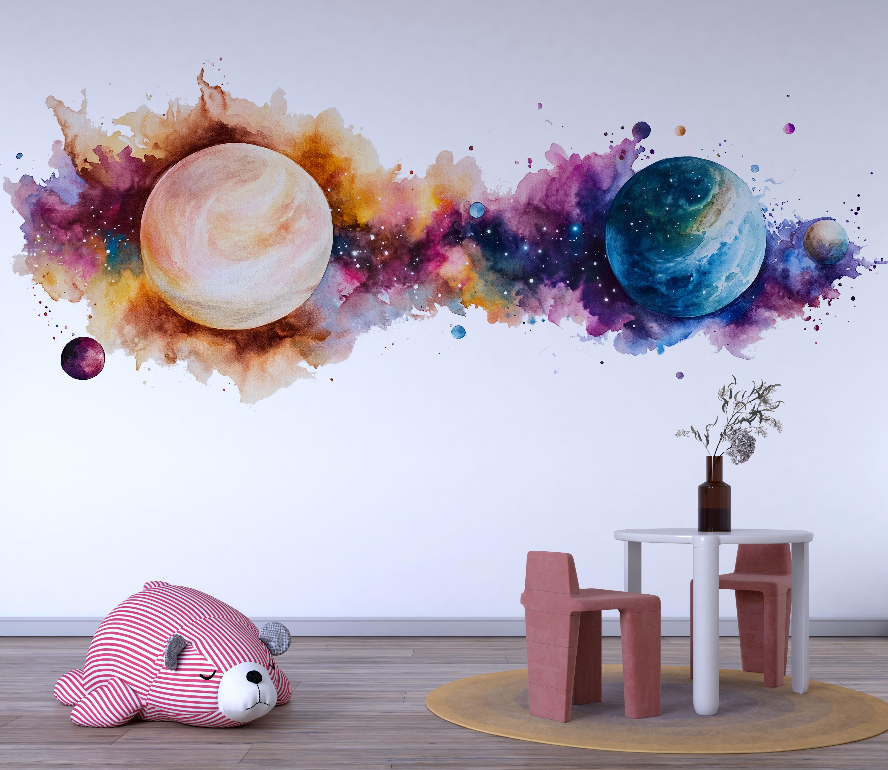 Watercolor Galaxy Planets Wall Decal | Kids Space Room Sticker ...