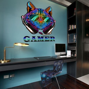 Gamer Cat Wall Decal, Gamer Cat Wall Sticker, Gamer Cat Wall Decor, - Etsy