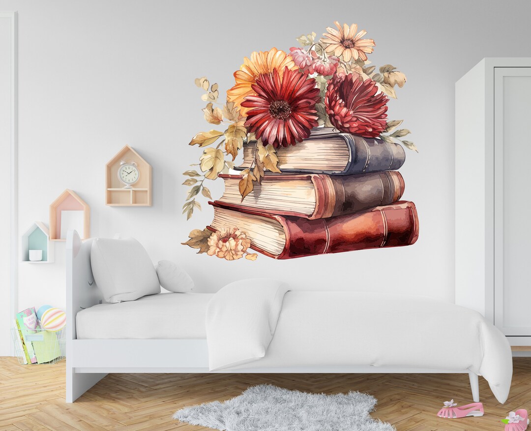 Book Floral Wall Art Decals, Book Shelves Decor, Library Wall Decal ...
