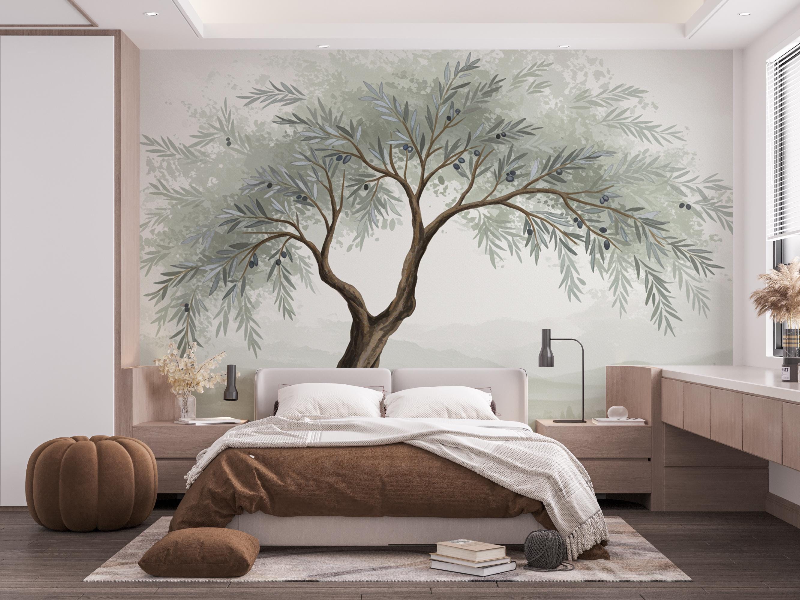 Watercolor Olive Tree Mural Wallpaper – Elegant Hand-painted Botanical ...