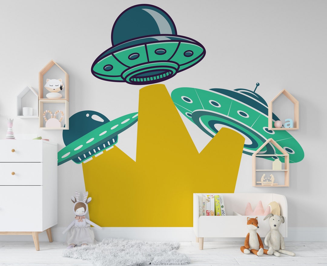 UFO Space Ship Alien Kids Room Wall Sticker Vinyl Decal Mural Art Deco ...